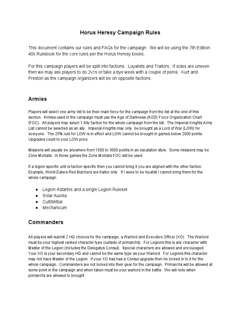Horus Heresy Campaign Rules | PDF | Military | Leisure