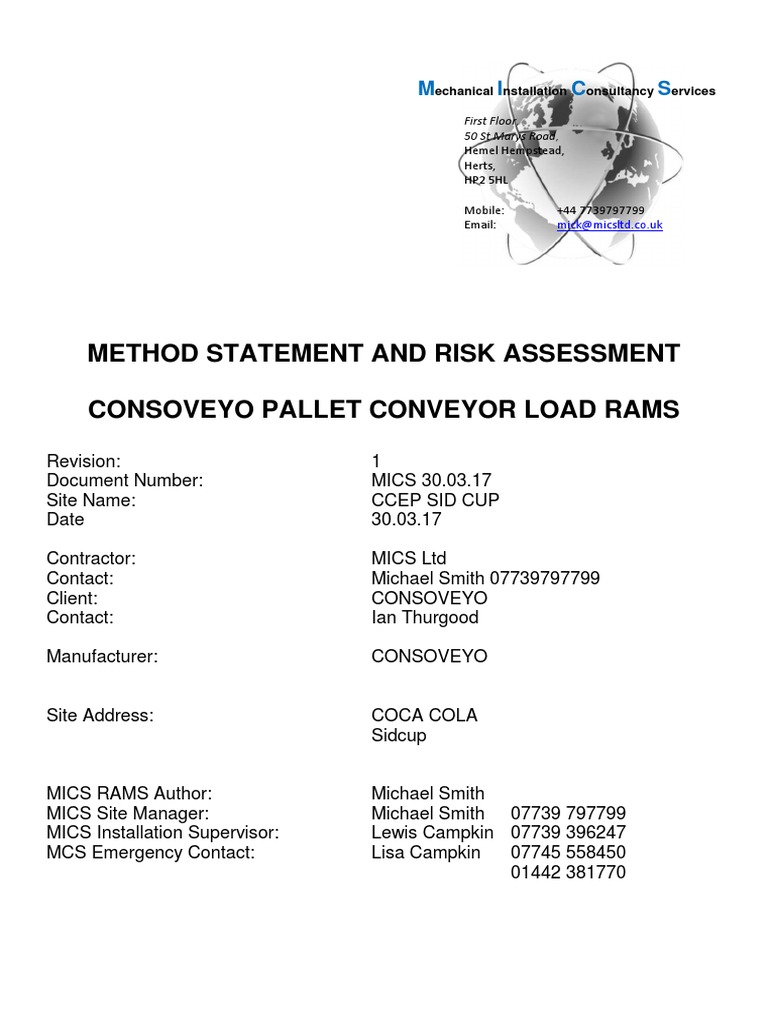 Consoveyo MICS CCEP Pallet Conveyor Load Out RAMS Rev 2 | PDF | Forklift | Elevator