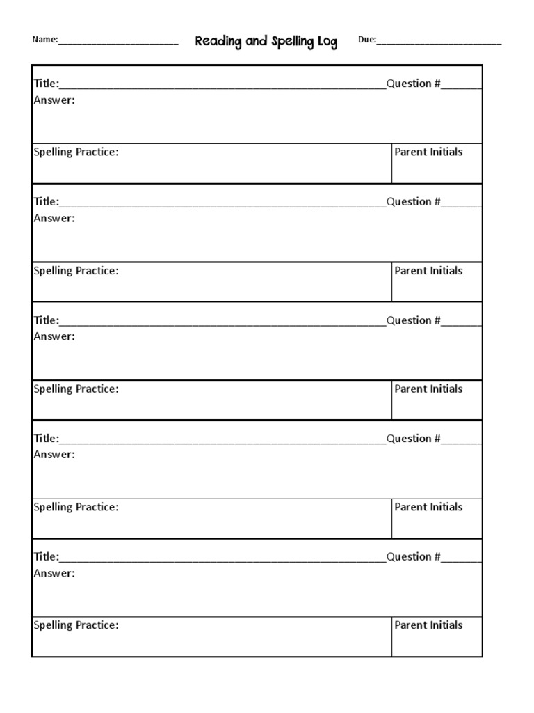 Reading and Spelling Log: Name: - Due | PDF
