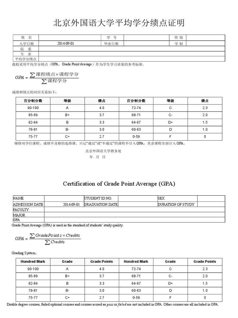 GPA证明中英文模板 | PDF