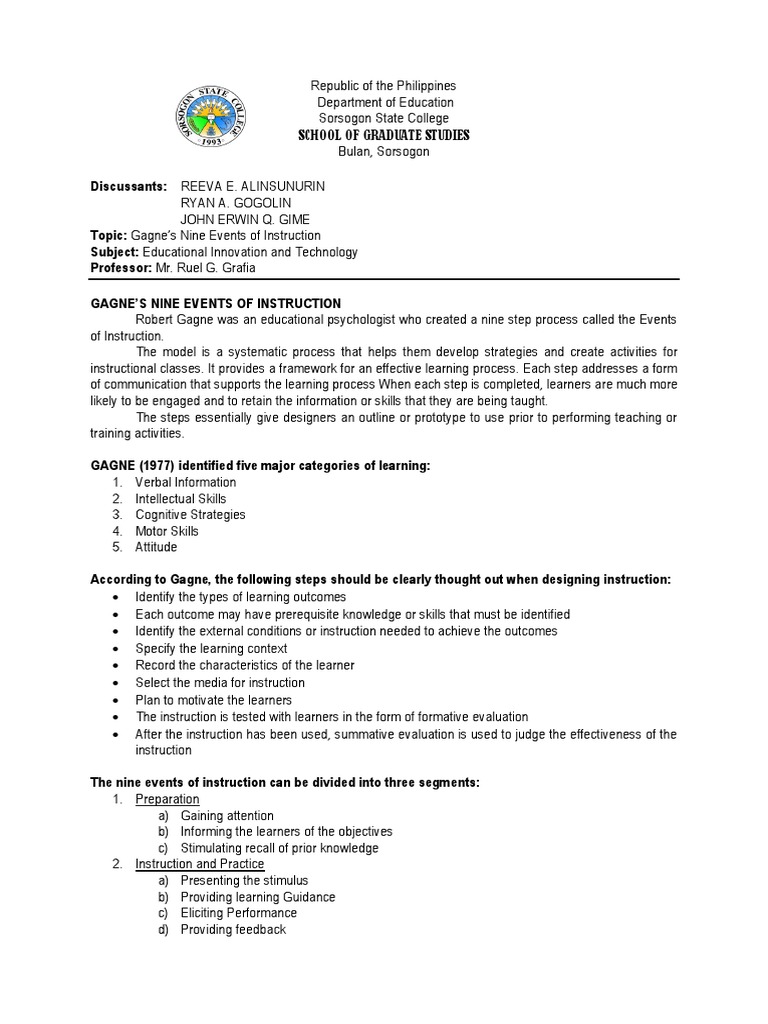 Gagne's Nine Events of Instruction Explained | PDF | Attention ...