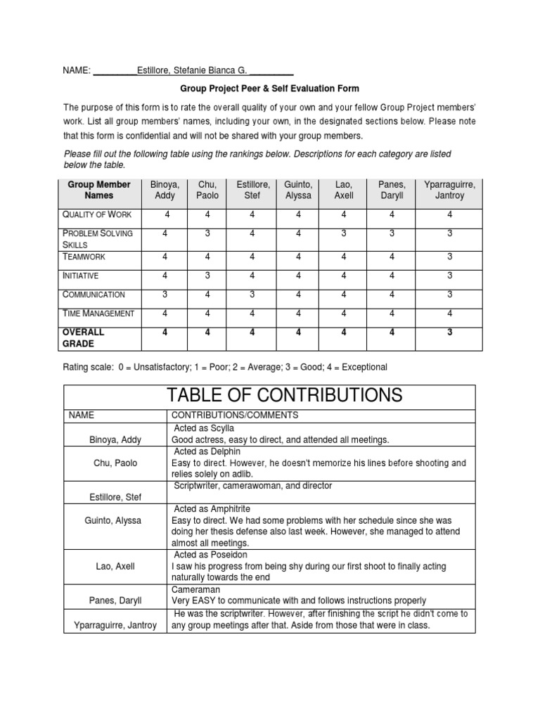 Table of Contributions: Group Project Peer & Self Evaluation Form | PDF ...