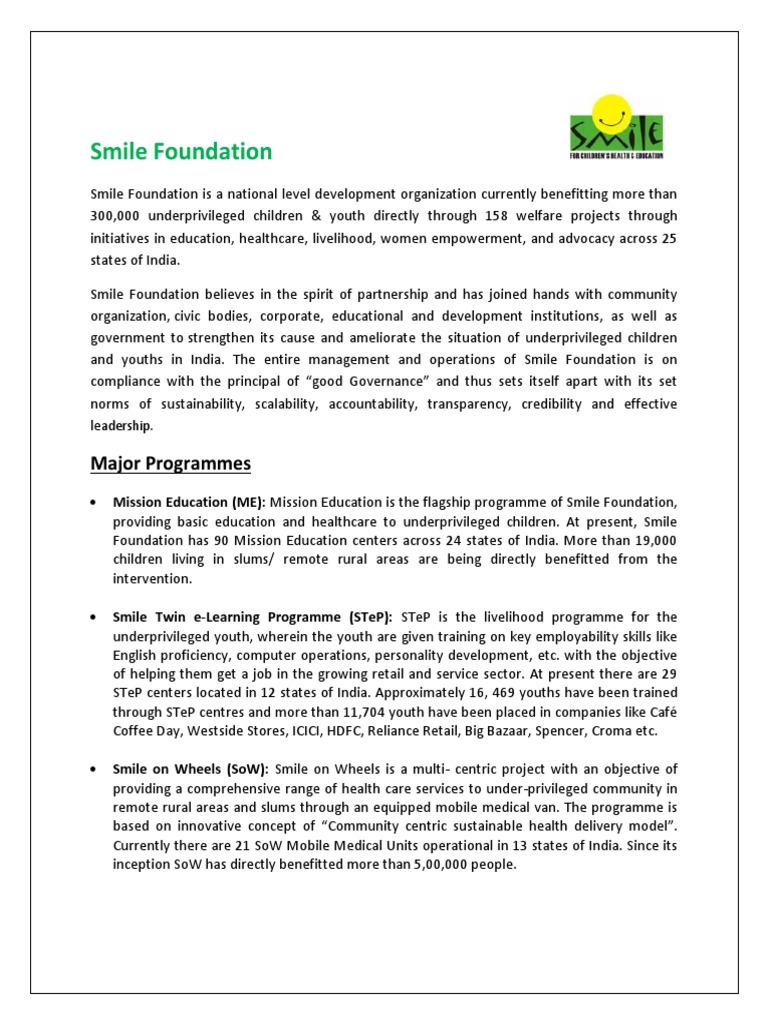 Smile Foundation: Major Programmes | PDF | Governance | Non ...