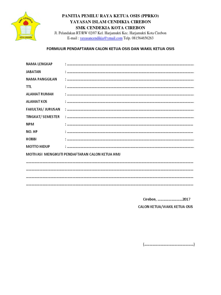 Formulir Pendaftaran Ketua Osis | PDF Formulir Pendaftaran Ketua Osis | PDF