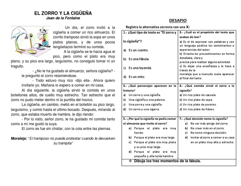 Actividades sobre "El Zorro y la Cigüeña" | PDF | Fábula