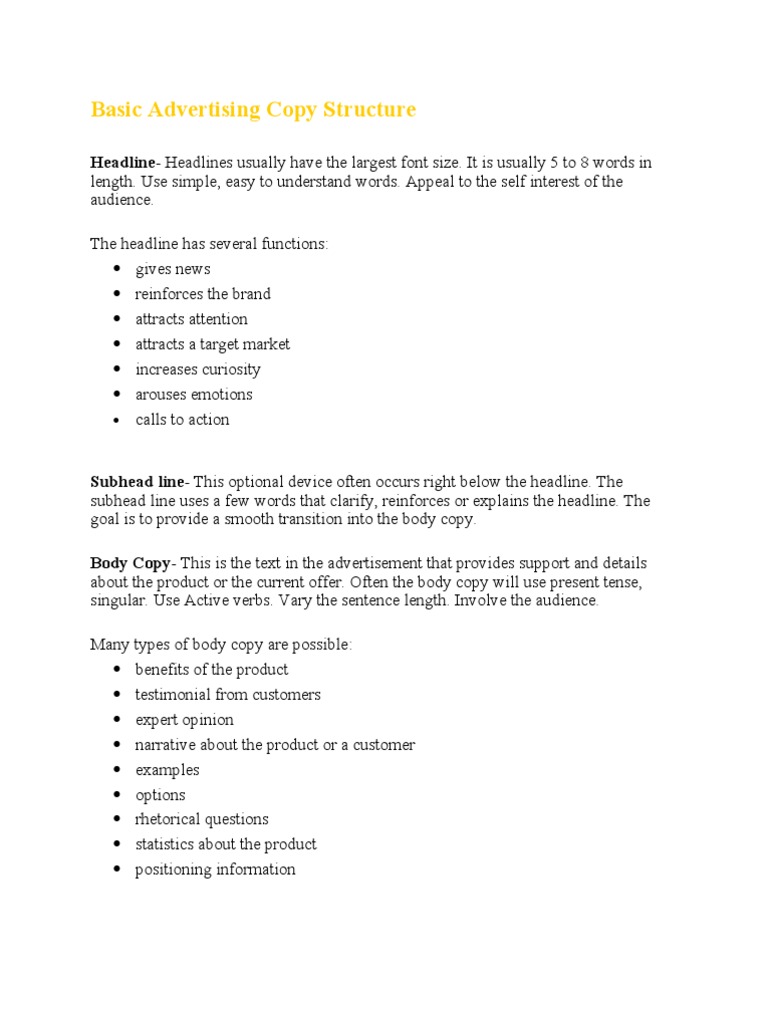 Basic Advertising Copy Structure | PDF | Sales | Advertising