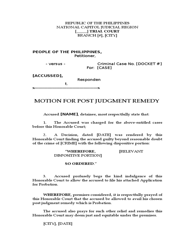 Motion To Avail Post Judgment Remedy | PDF