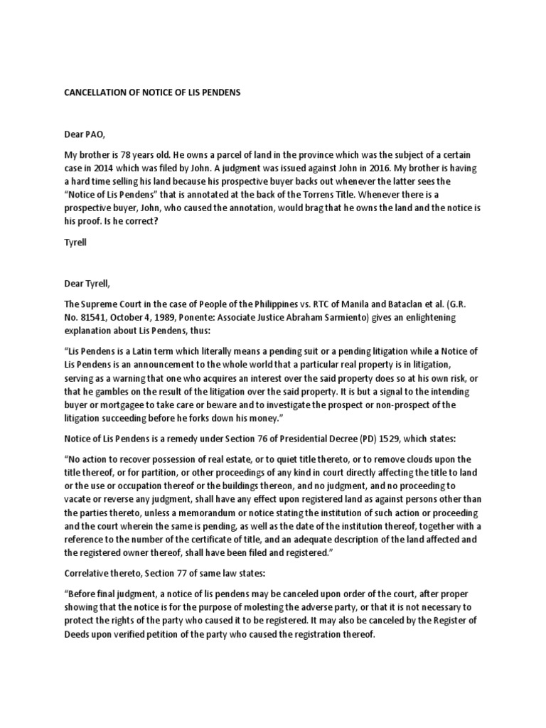 Cancellation of Notice of Lis Pendens | PDF | Judgment (Law) | Civil ...