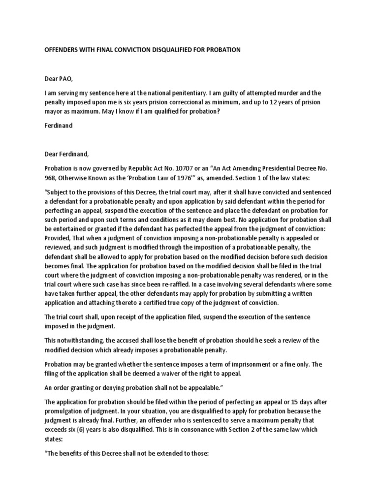 Offenders With Final Conviction Disqualified For Probation | PDF ...