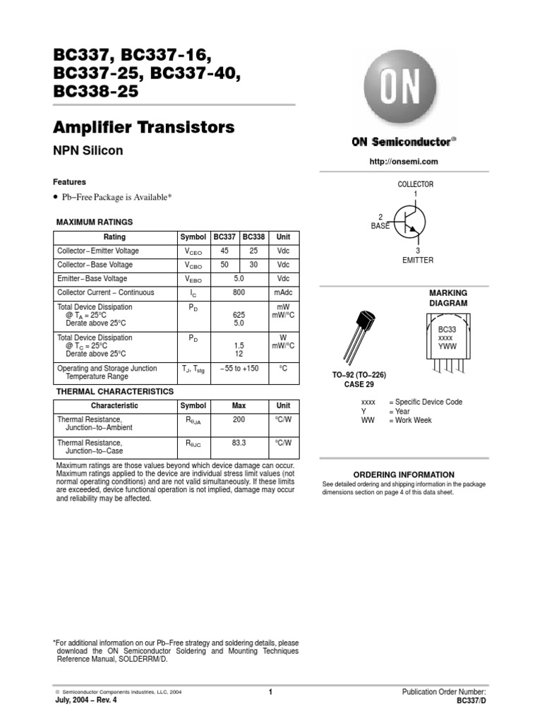 BC337, BC337 16, BC337 25, BC337 40, BC338 25 Amplifier Transistors ...