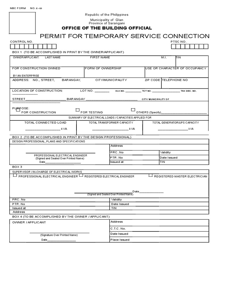 Permit For Temporary Service Connection: Office of The Building ...