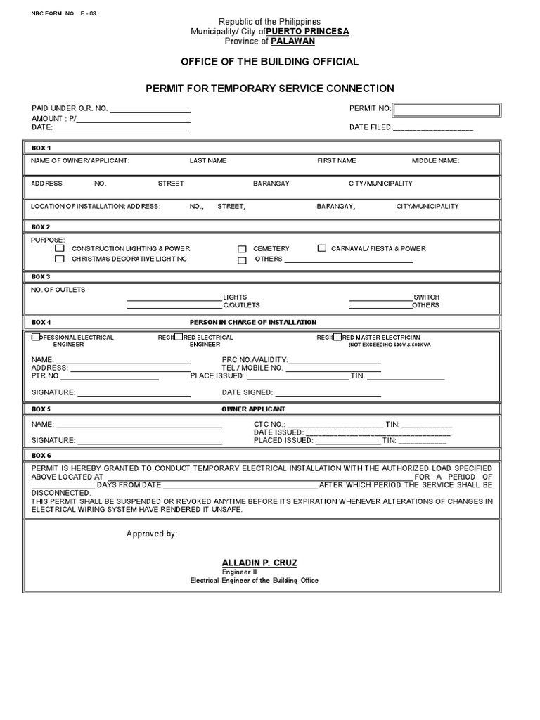 9 - NBC Form No - E-03 - Permit For Temporary Service Connection ...