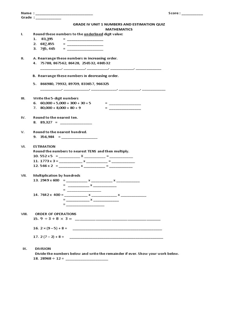 Grade 4 Maths Estimation Quiz | PDF | Numbers | Teaching Mathematics