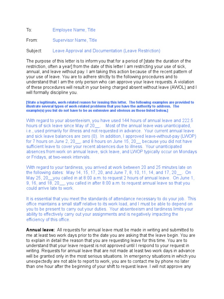 Sample Leave Restriction Letter | Physical Examination | Medical Diagnosis