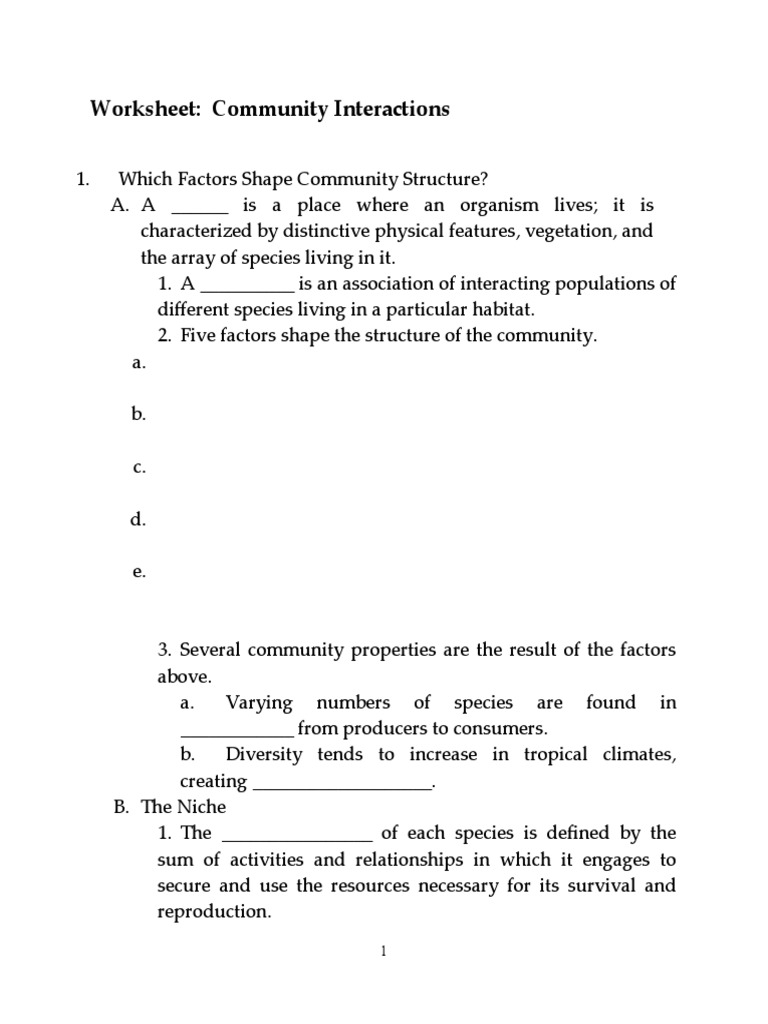 Worksheet Community Interactions
