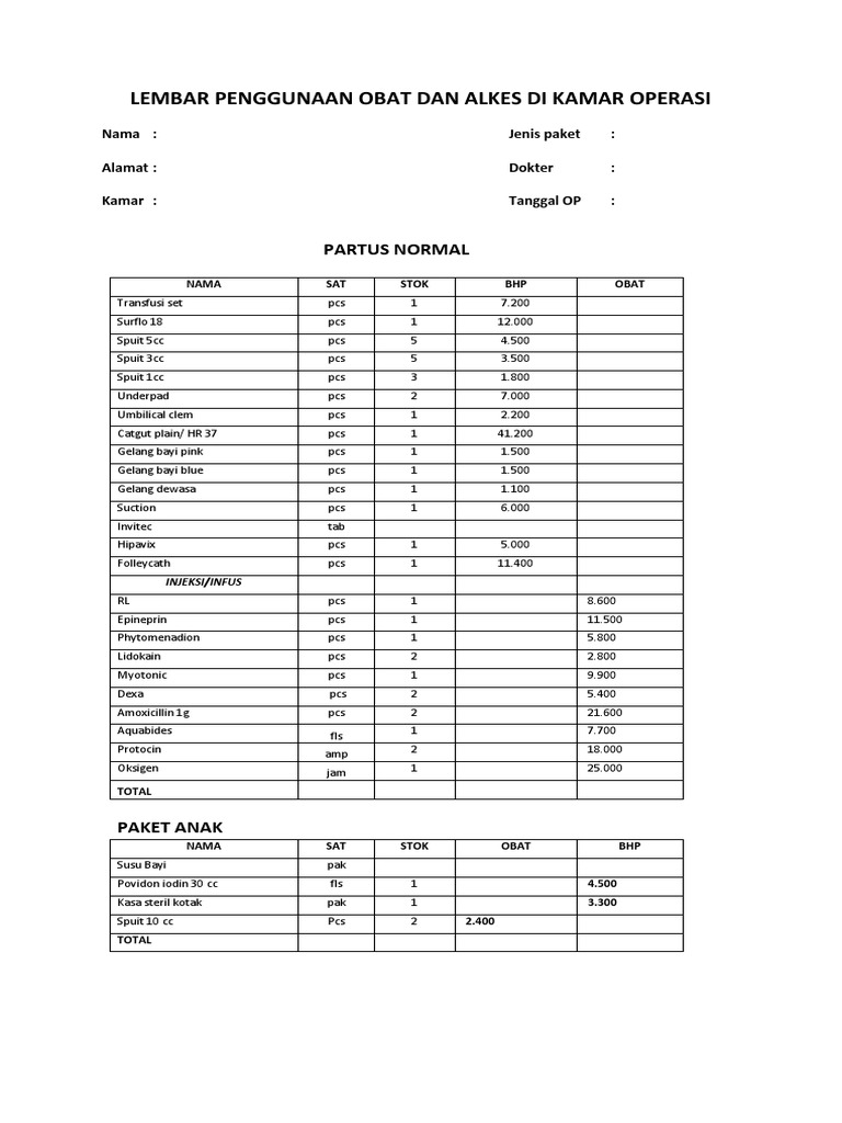 Lembar Penggunaan Obat Dan Alkes Di Kamar Operasi: Partus Normal | PDF