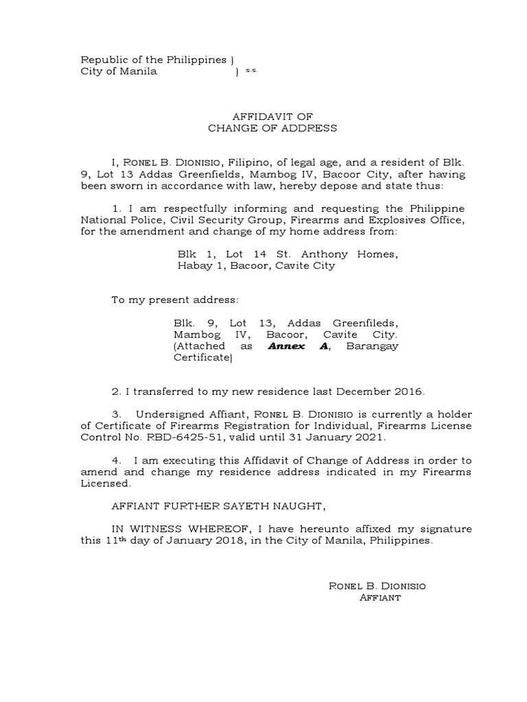 Affidavit of Change of Address | PDF | Affidavit | Document