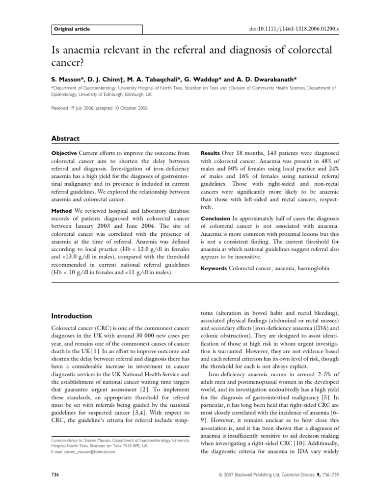 Masson Et Al-2007-Colorectal Disease | PDF | Colorectal Cancer | Anemia