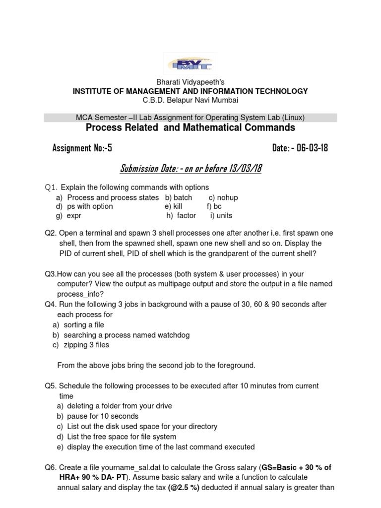 Operating System Lab Assignment on Process Commands, Mathematical ...