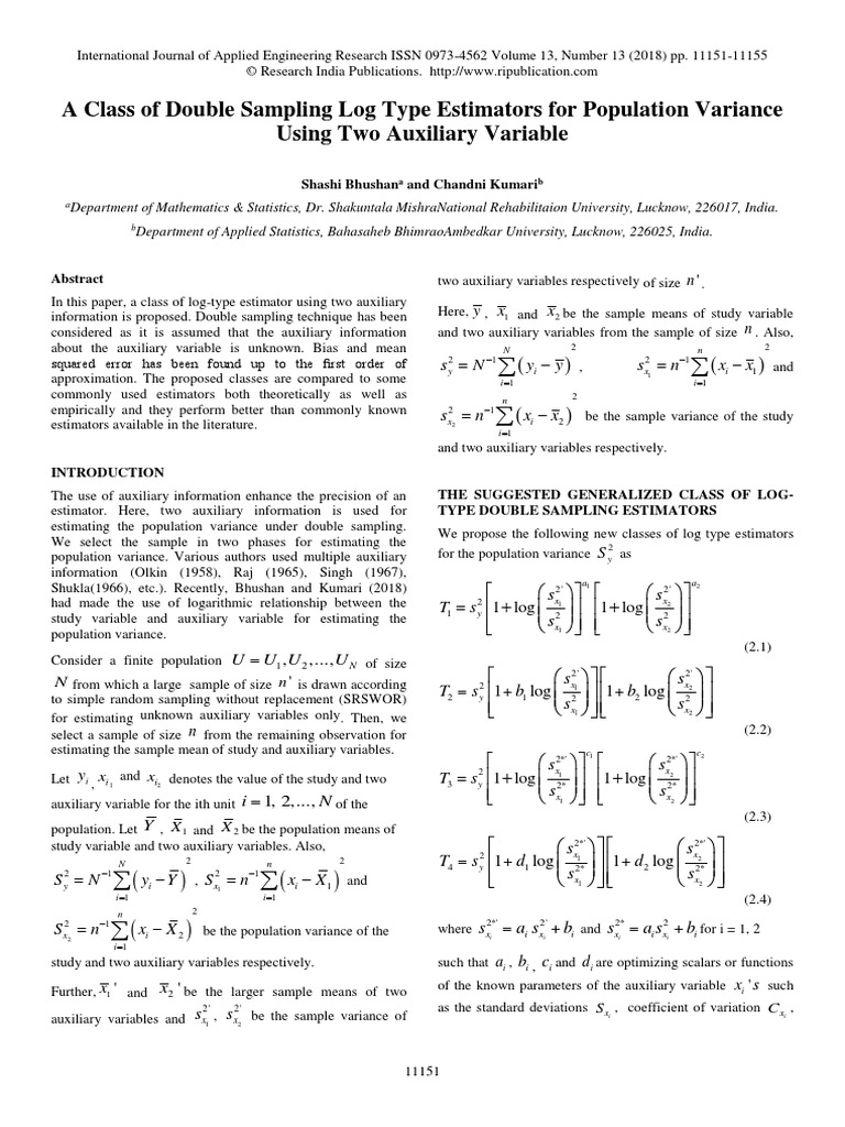 A Class Of Double Sampling Log Type Estimators For Population Variance Using Two Auxiliary