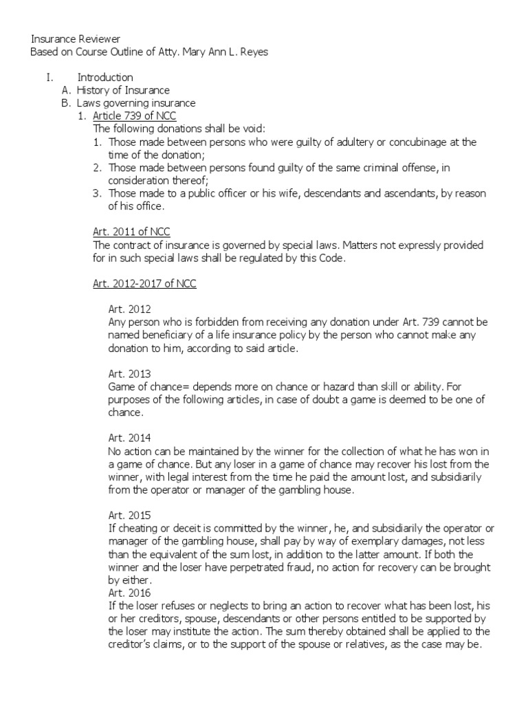 Insurance Reviewer (Based On Course Outline of Atty. Reyes) | PDF ...