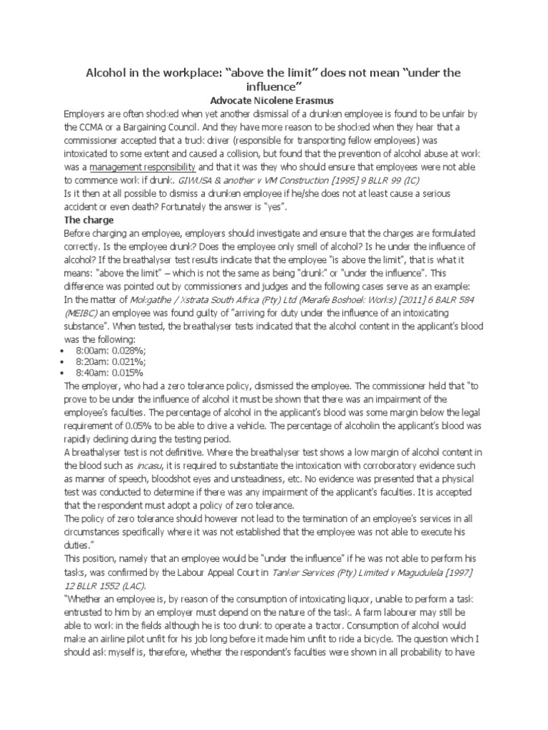 Alcohol in The Workplace | PDF | Driving Under The Influence | Alcohol ...