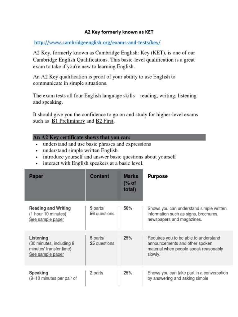 A2 Key Exam Overview and Benefits | PDF | Applied Linguistics ...