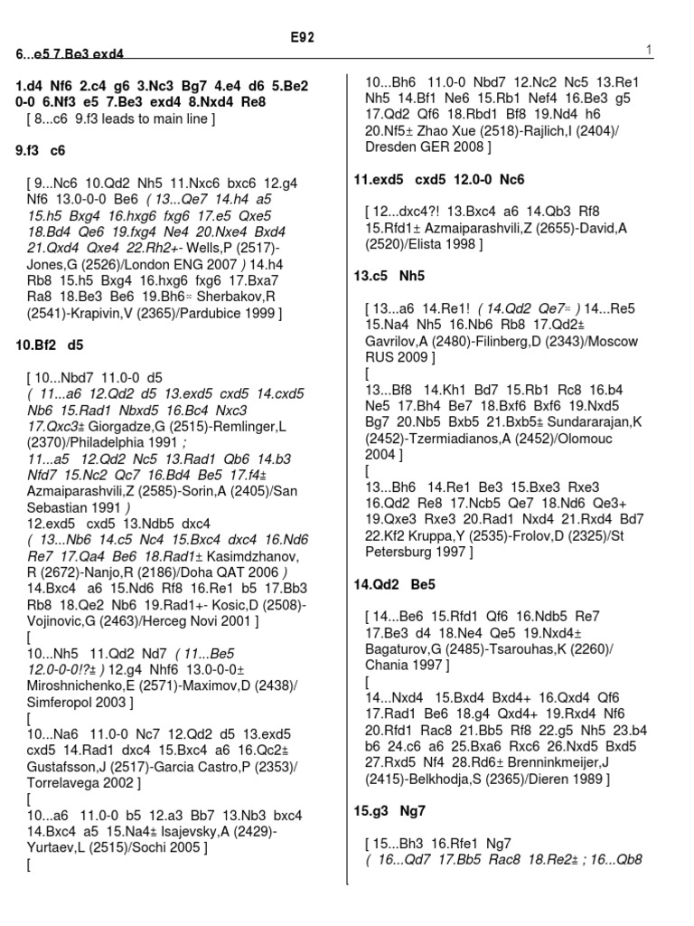 E92 6... E5 7.be3 Exd4 1.d4 Nf6 2.c4 g6 3.Nc3 Bg7 4.e4 d6 5.be2 0-0 6 ...