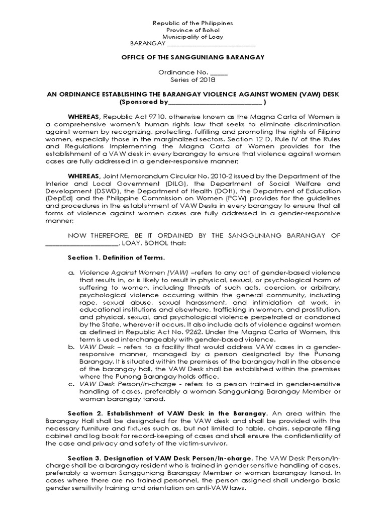 Vawc Desk Ordinance | Violence Against Women | Violence