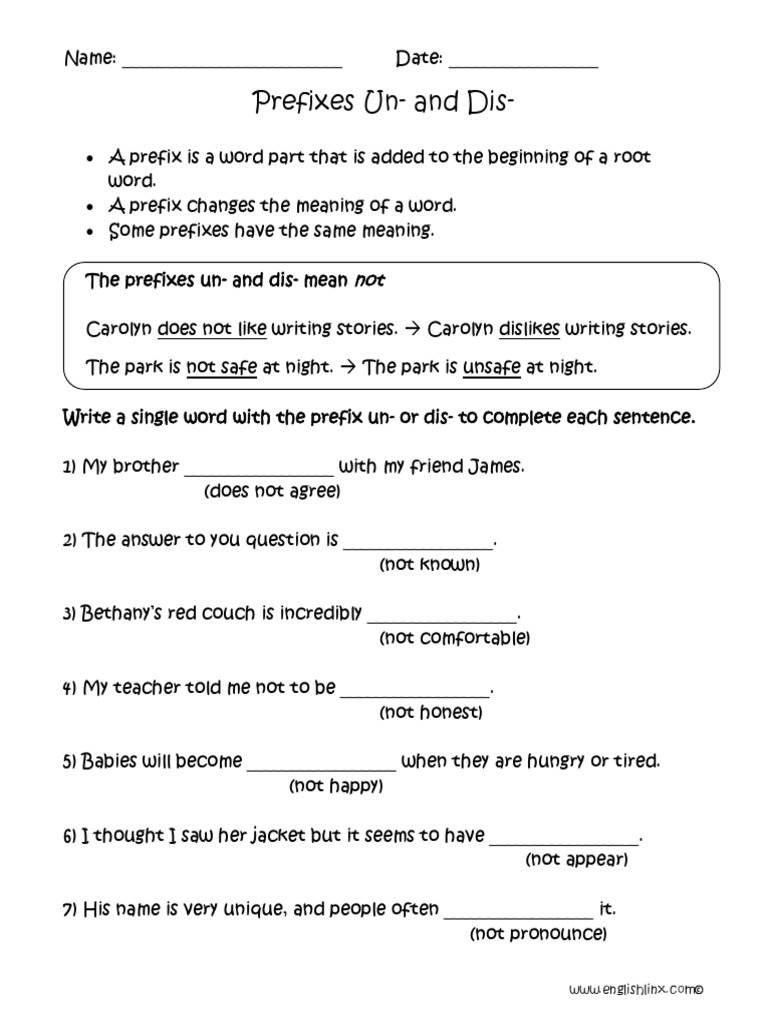 Prefixes Un Dis Worksheet | PDF | Grammar | Semantics