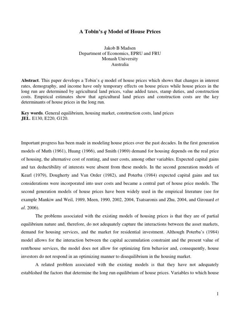 Tobin's q Model for House Prices Analysis | PDF | Economic Equilibrium ...