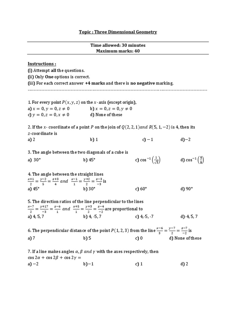 3D MCQ Test | PDF | Line (Geometry) | Cartesian Coordinate System