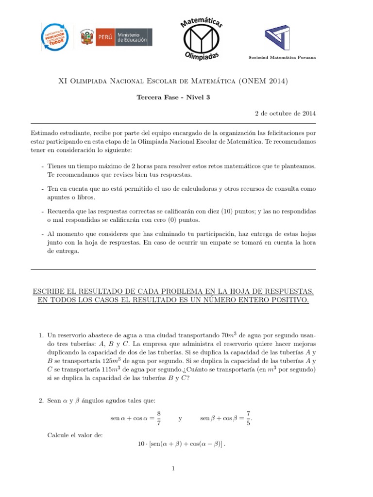 Matemáticas y Olimpiadas - ONEM - Tercera Fase - Nivel 3 PDF | PDF | Matemática Elemental | Agua