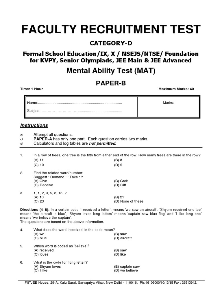 CAT-D MENTAL ABILITY TEST PAPER B.pdf | Mathematics