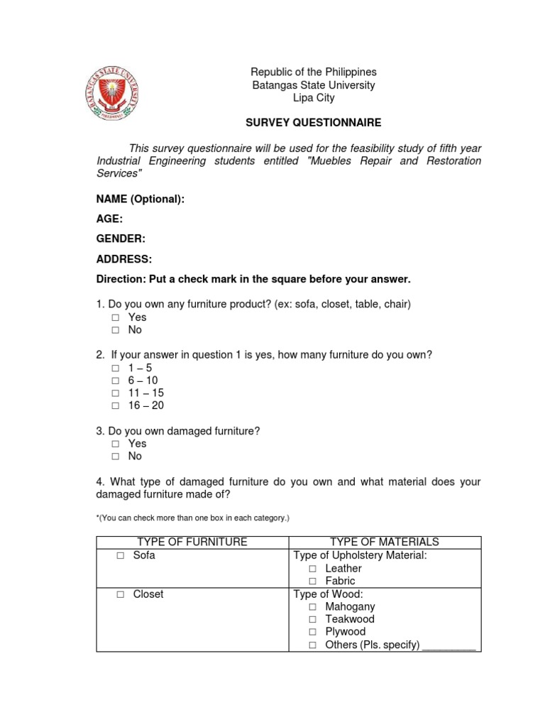 Appendix K Survey Questionnaire | PDF | Upholstery | Furniture