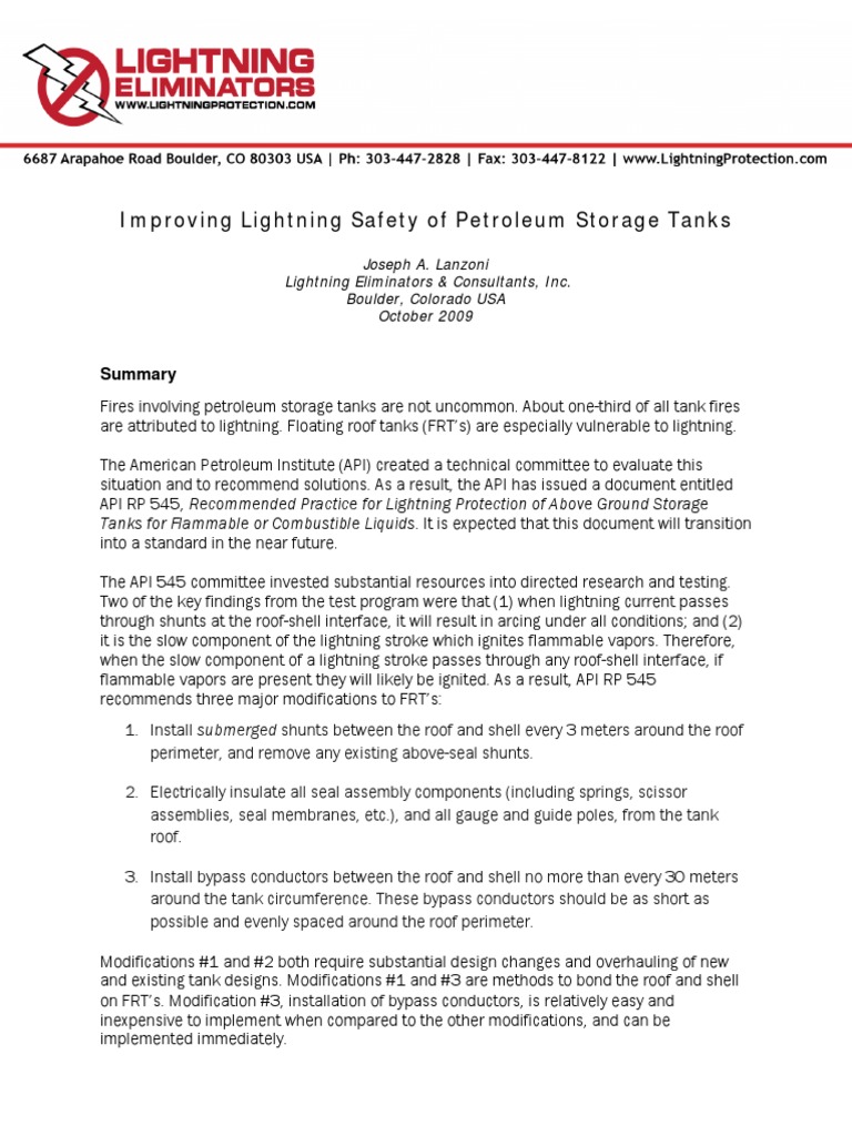 Improving Lightning Safety of Petroleum Storage Tanks-Oct 2009-Lanzoni ...