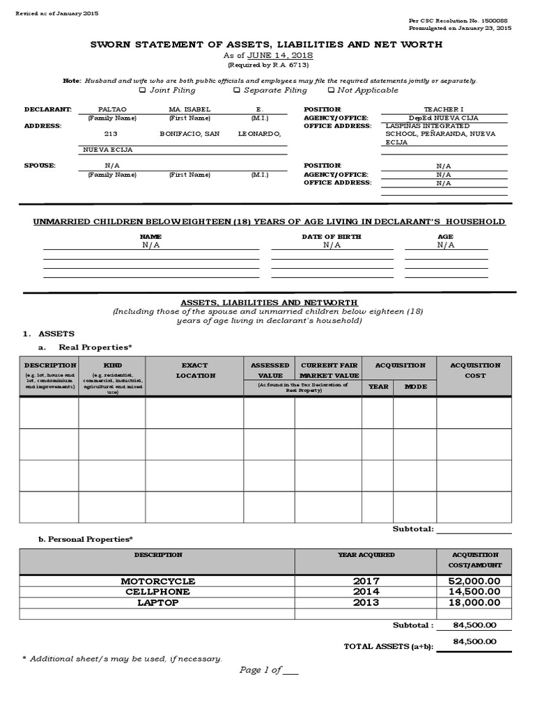 Sworn Statement of Assets, Liabilities and Net Worth | PDF | Net Worth ...