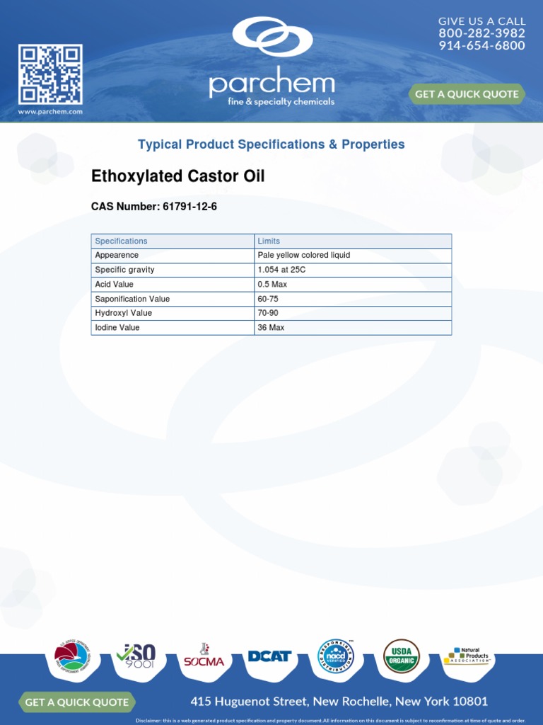 Ethoxylated Castor Oil: Typical Product Specifications & Properties | PDF