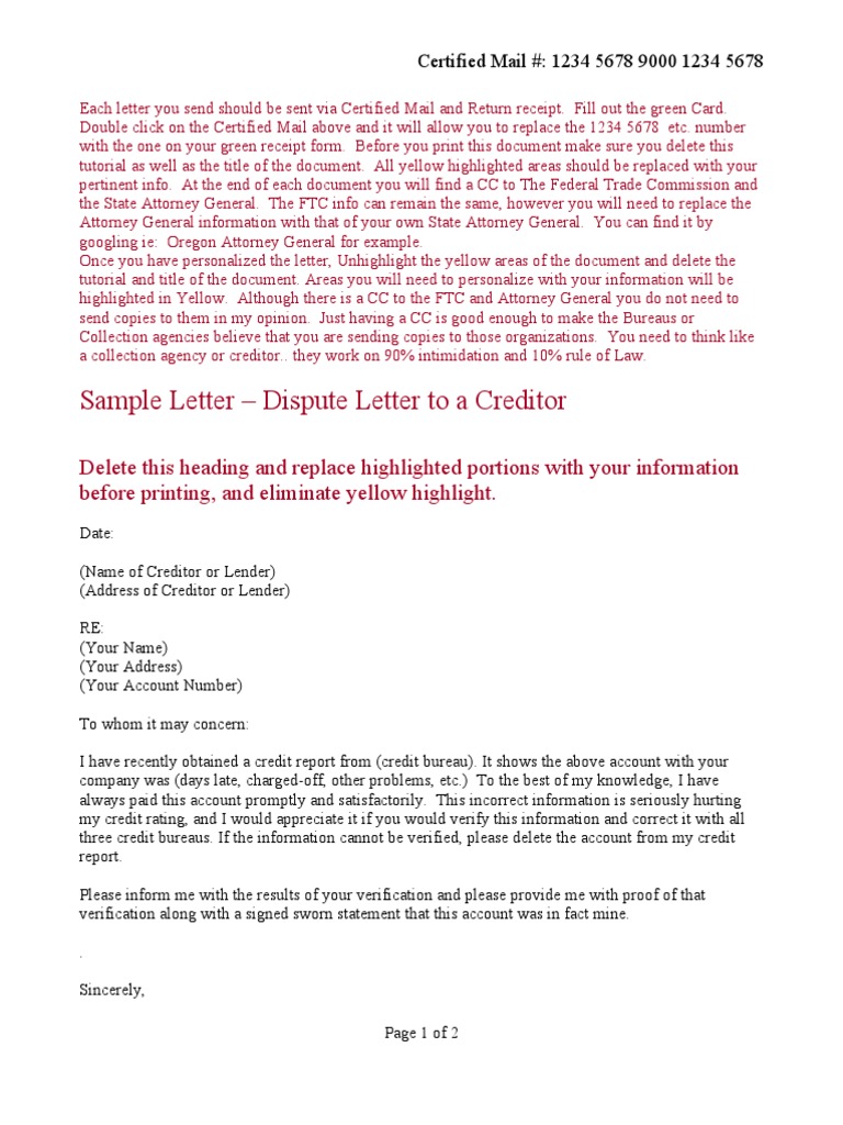 Sample Letter - Dispute To A Creditor | PDF | Registered Mail | Credit ...