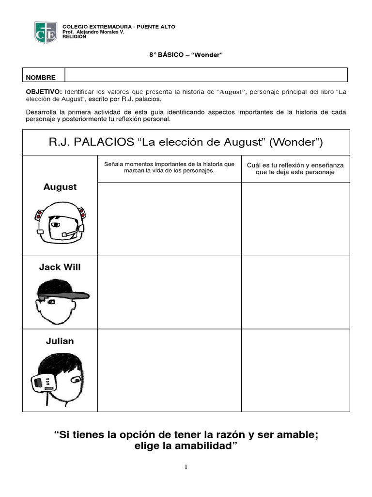 Actividades sobre "Wonder" y sus valores | PDF
