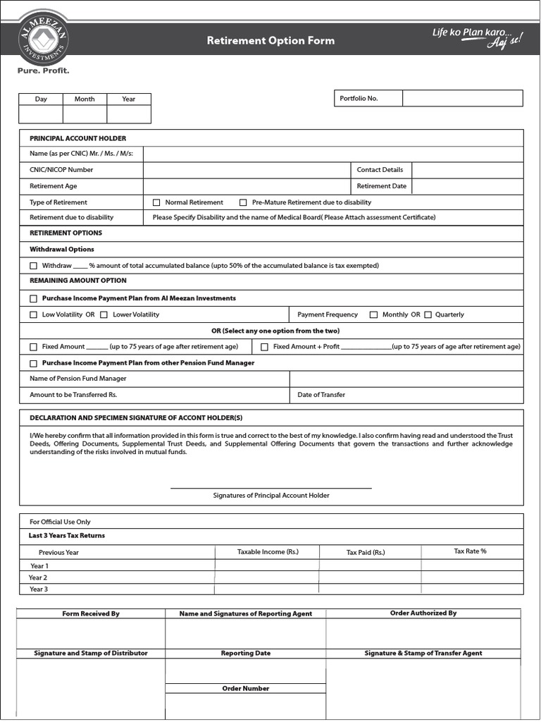 Retirement Option Form: Declaration and Specimen Signature of Accont ...