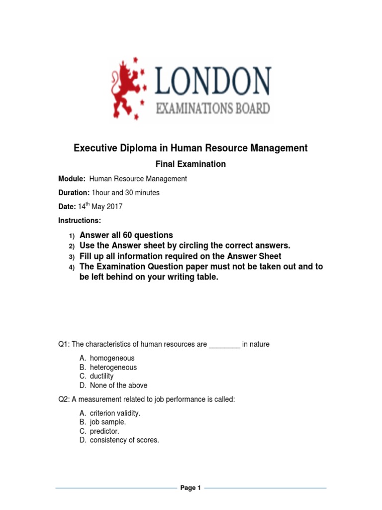 Exam Question Paper - May HRM | PDF | Human Resources | Employment