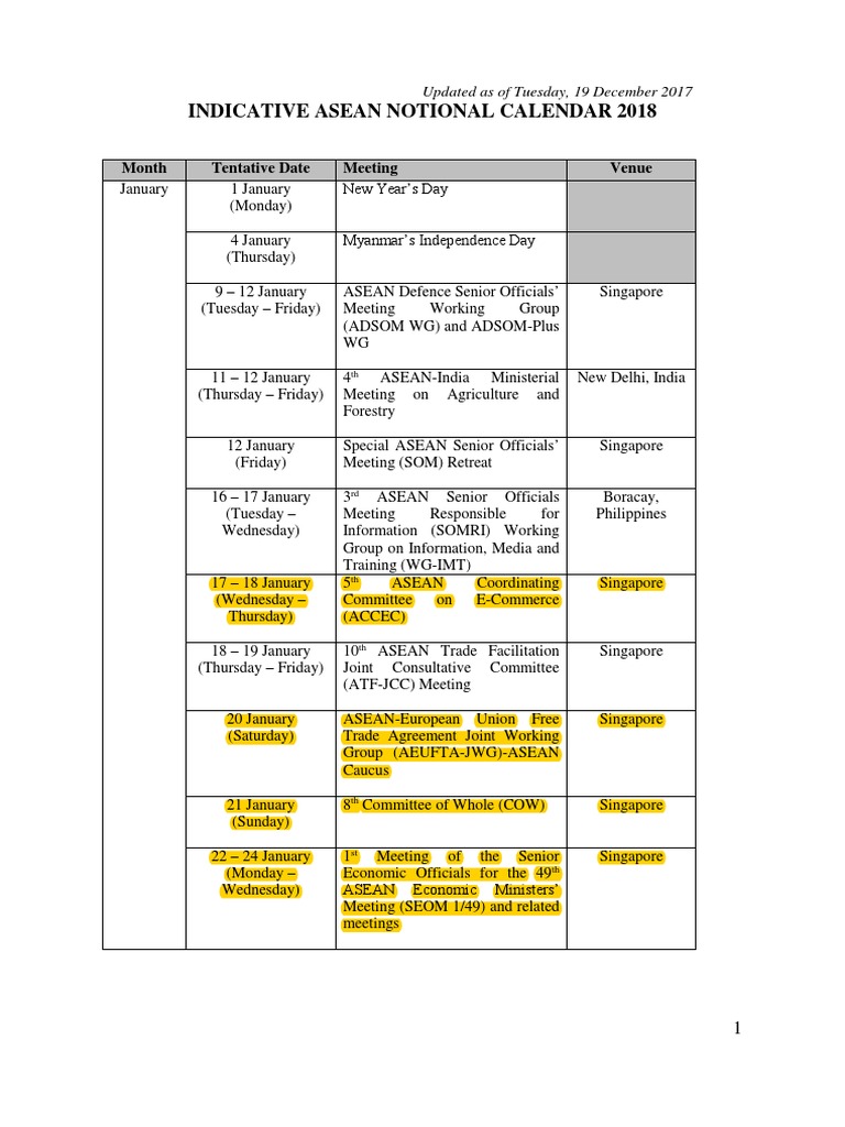ASEAN 2018 Notional Calendar | Asean Free Trade Area | Association Of ...
