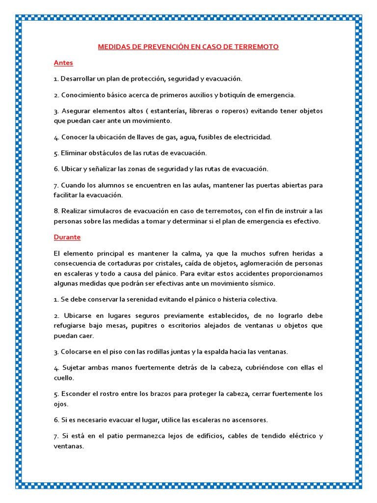 Medidas de Prevención en Caso de Terremoto | PDF | Temblores | Primeros ...