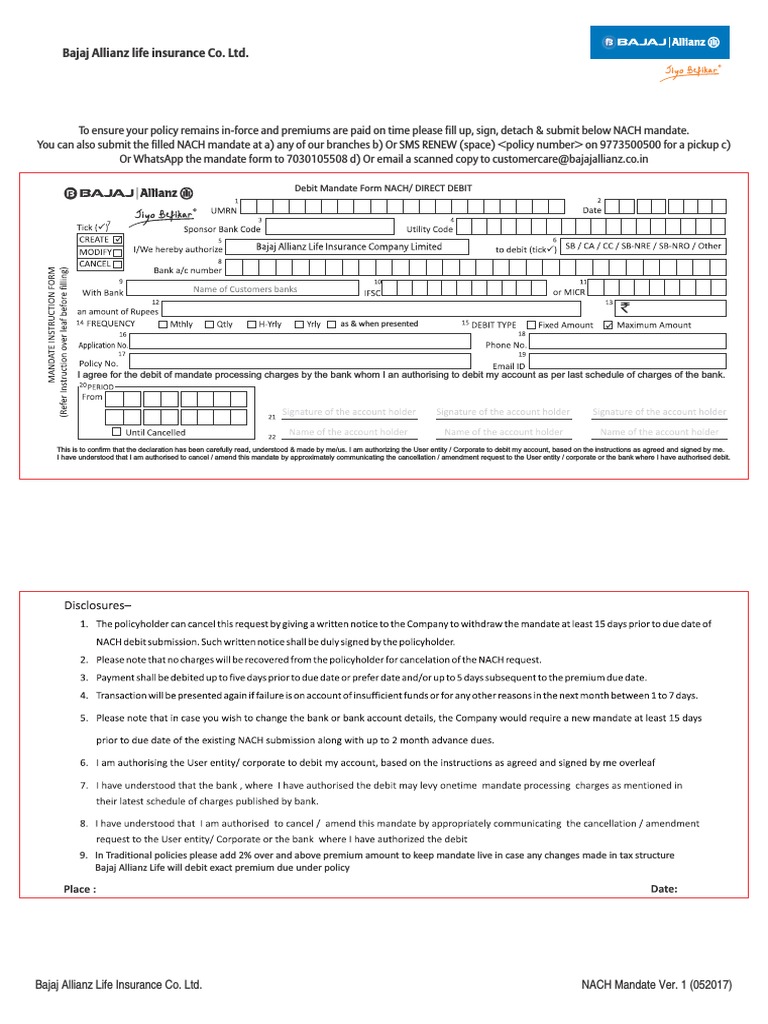 Bajaj Allianz NACH Mandate Instructions | PDF