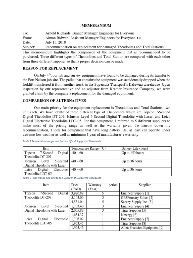 Long Memorandum Example | PDF | Surveying | Nikon