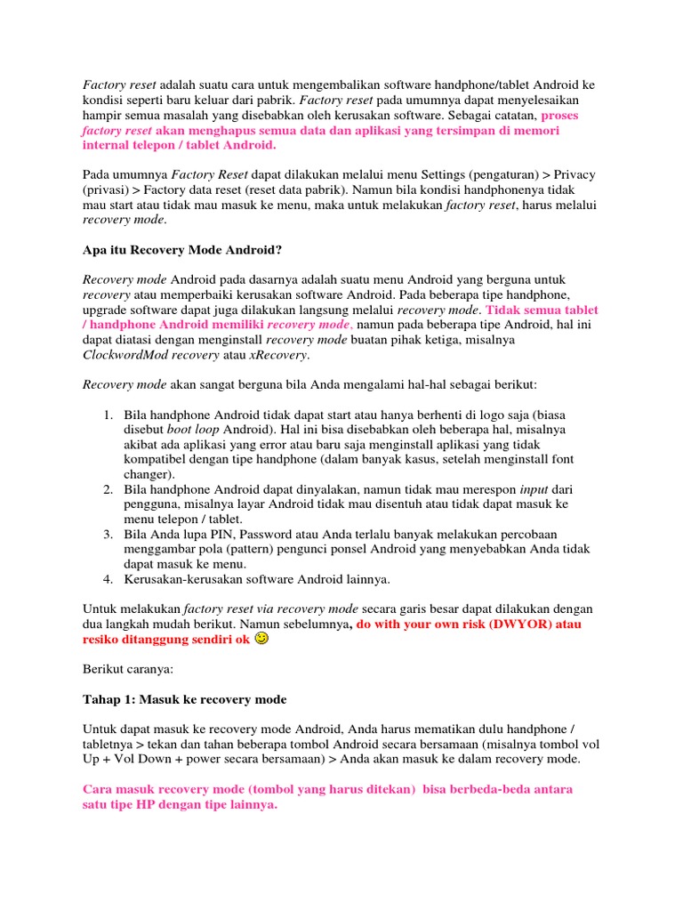 Factory Reset Adalah Suatu Cara Untuk Mengembalikan Software Handphone | PDF