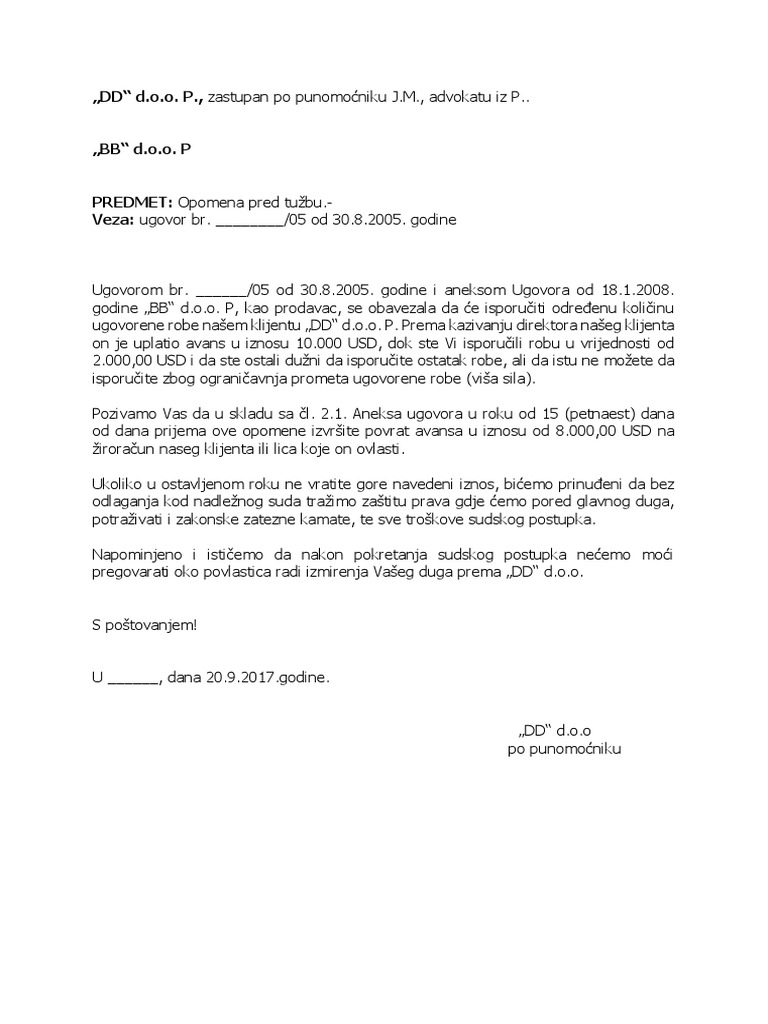 Opomena Pred Tuzbu | PDF