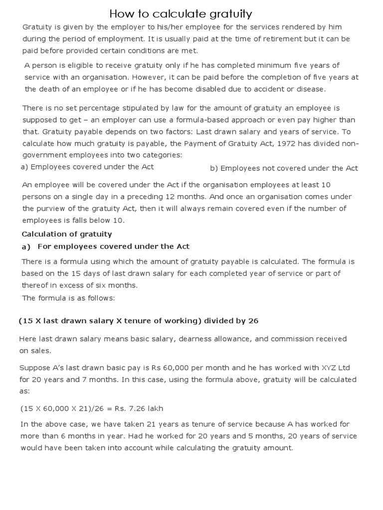 Calculation of Gratuity A) For Employees Covered Under The Act | PDF ...