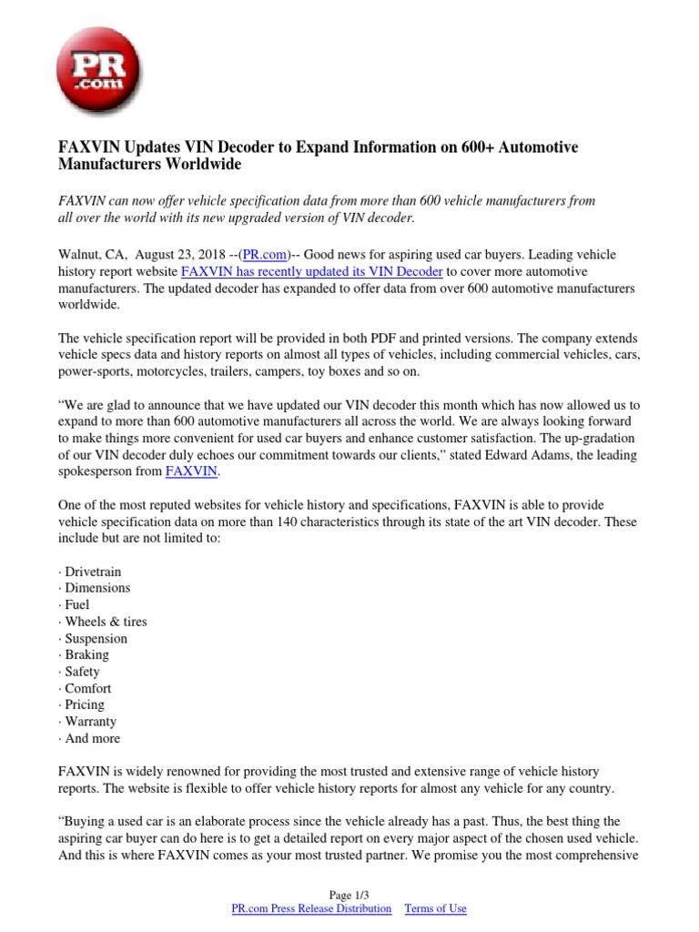FAXVIN Updates VIN Decoder To Expand Information On 600+ Automotive ...
